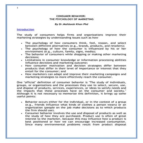 CONSUMER BEHAVIOR: THE PSYCHOLOGY OF MARKETING By Dr.Mahboob Khan Phd | PDF