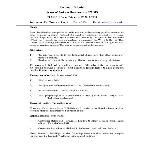 Consumer behavior course outline 2012 2013 final copy | DOC