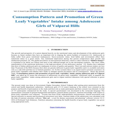 Consumption Pattern and Promotion of Green Leafy Vegetables’ Intake ...