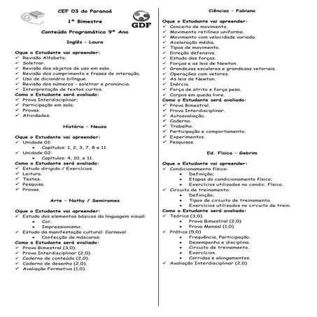 Cont. prog. 9º ano matutino - 1º bimestre | PDF