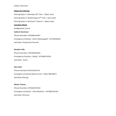 Contact sheet thing | DOCX | Video Production | Content Production