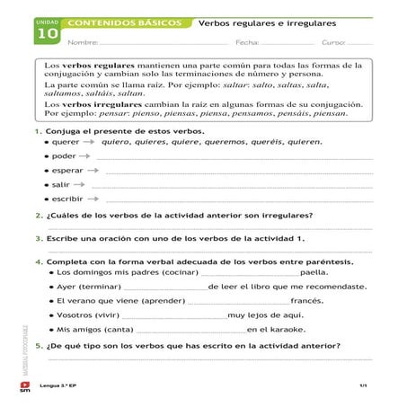 Contenidos basicos el verbo regular e irregula | PDF