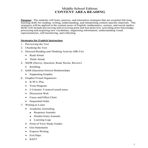 Content area reading strategies ms | PDF | Educational Assessment ...