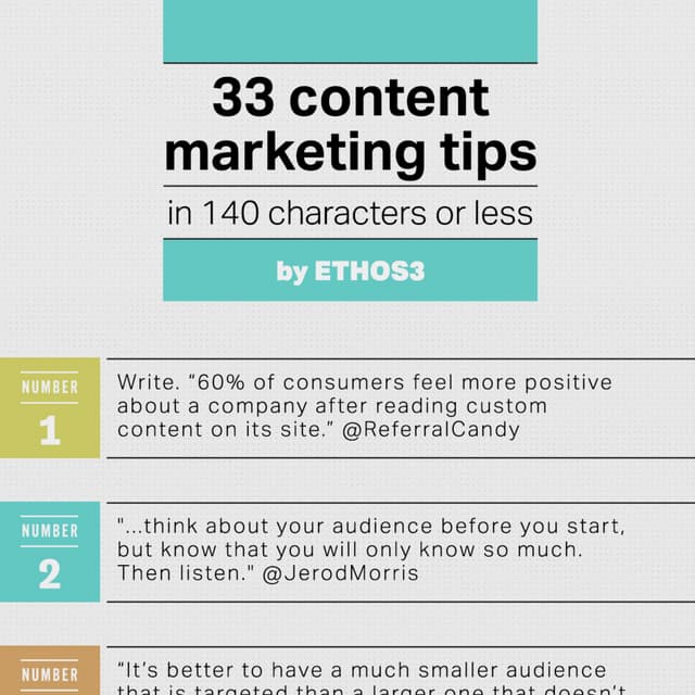 33 Content Marketing Tips, in 140 characters or less | PDF
