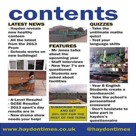 Production of school magazine front cover and contents page | PPTX