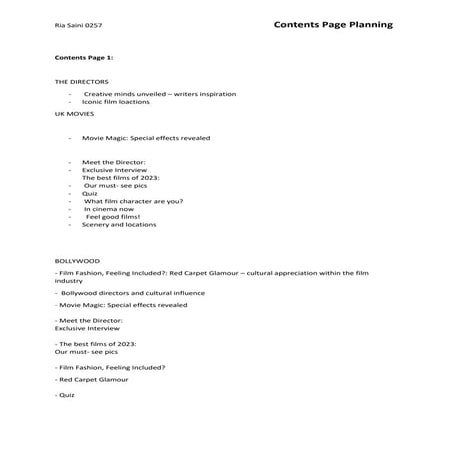 Contents Page Planning | DOCX | Movies | Entertainment