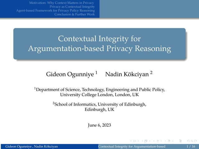 Contextual Integrity For Argumentation Based Privacy Reasoning Ppt
