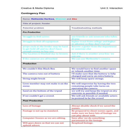 Contingency plan 2 | PDF | Video Production | Content Production