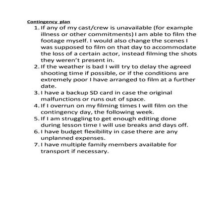 Contingency plan | DOCX | Video Production | Content Production