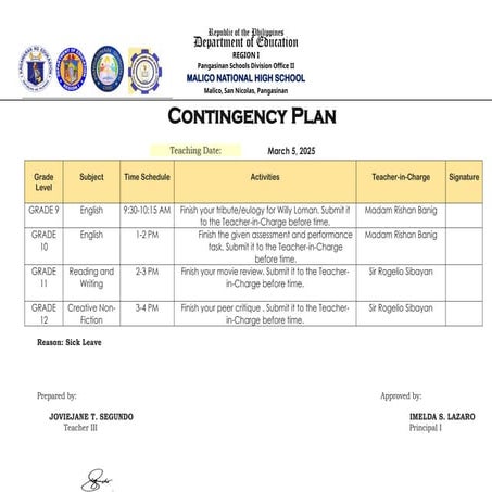 contingency plan on your classes before take sick leave | DOC
