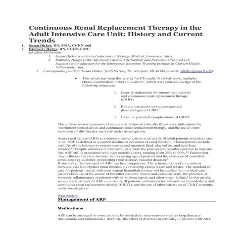 Continuous renal replacement therapy in the adult intensive care unit ...