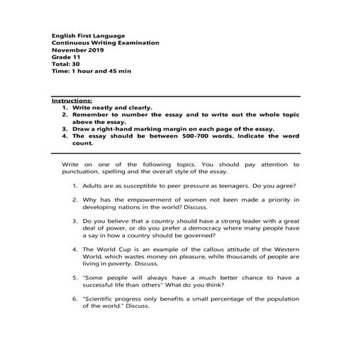 Continuous writing exam 2009 grade 11 november | PDF