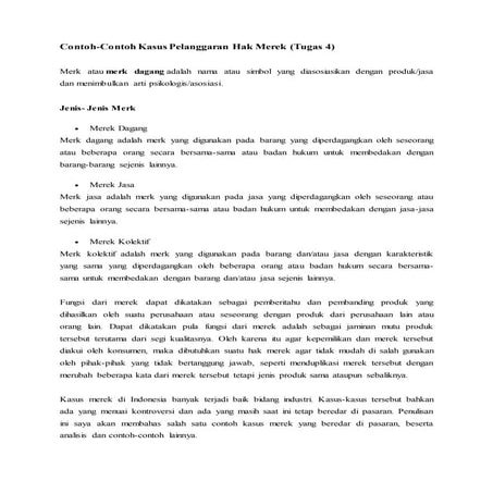 Contoh contoh kasus pelanggaran hak merek (tugas 4) | DOCX