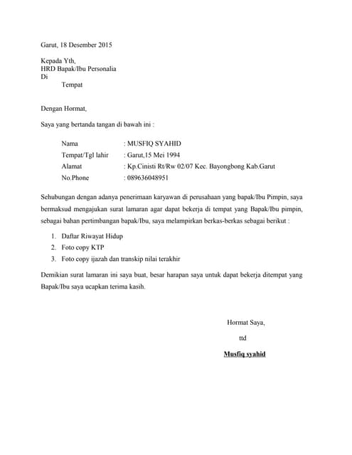 Contoh Surat Lamaran Kerja Simple ben jobs