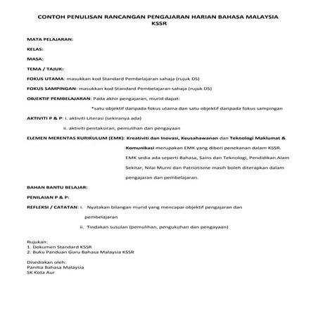 Contoh penulisan-rancangan-pengajaran-harian-bahasa-malaysia-kssr | DOC