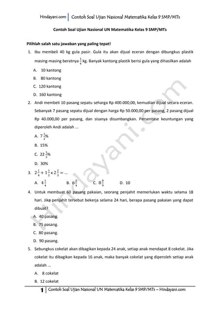 Soal uts genap matematika kelas i semeseter 2 | PDF