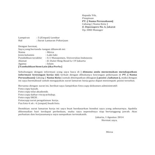Contoh surat lamaran kerja umum 1 | DOCX