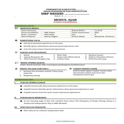 Modul Ajar Bahasa Inggris SMP Kelas 8 Kurikulum Merdeka | DOCX