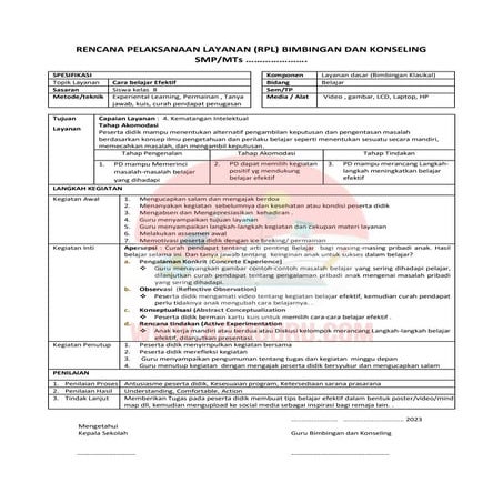 RENCANA PELAKSANAAN LAYANAN (RPL) BIMBINGAN KLASIKAL | PDF