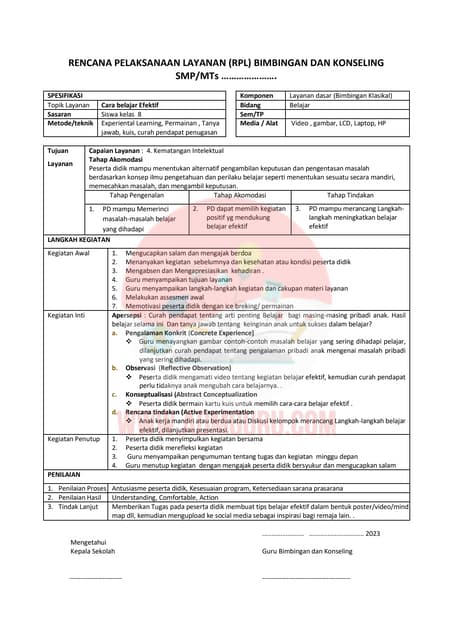 RENCANA PELAKSANAAN LAYANAN (RPL) BIMBINGAN KLASIKAL | PDF