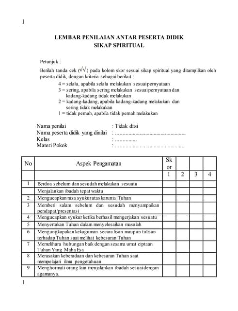 instrumen lembar penilaian diri (sikap) | DOCX