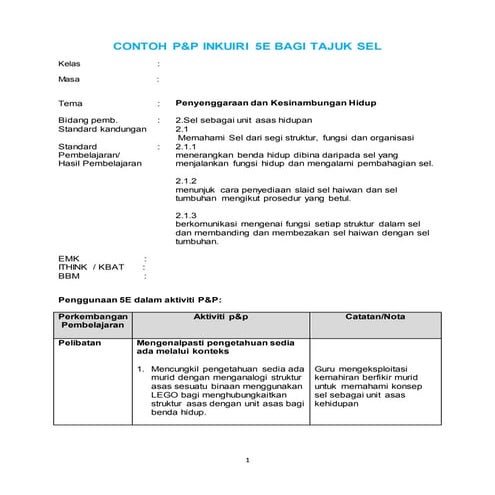 Contoh pdp inkuiri 5e bagi tajuk sel | PDF