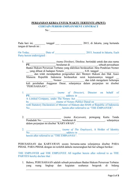 CONTOH Perjanjian Kerja PKWTT dan PKWT | PDF
