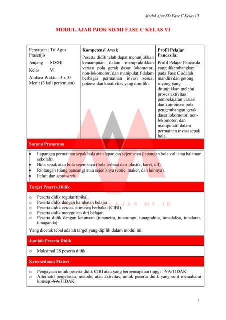 Modul Ajar Kelas 10 PJOK Fase E Kurikulum Merdeka | PDF