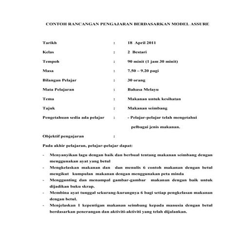 Contoh rancangan pengajaran berdasarkan model assure | DOCX