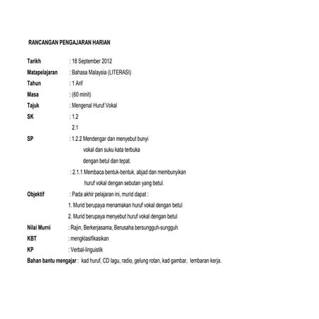 Contoh rancangan pengajaran harian bm | DOCX