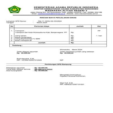 contoh Rincian Perjadin di institusi madrasah | DOCX