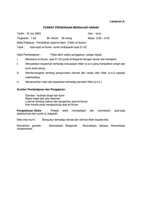 Rancangan pengajaran harian jawi tahun 1 | PDF