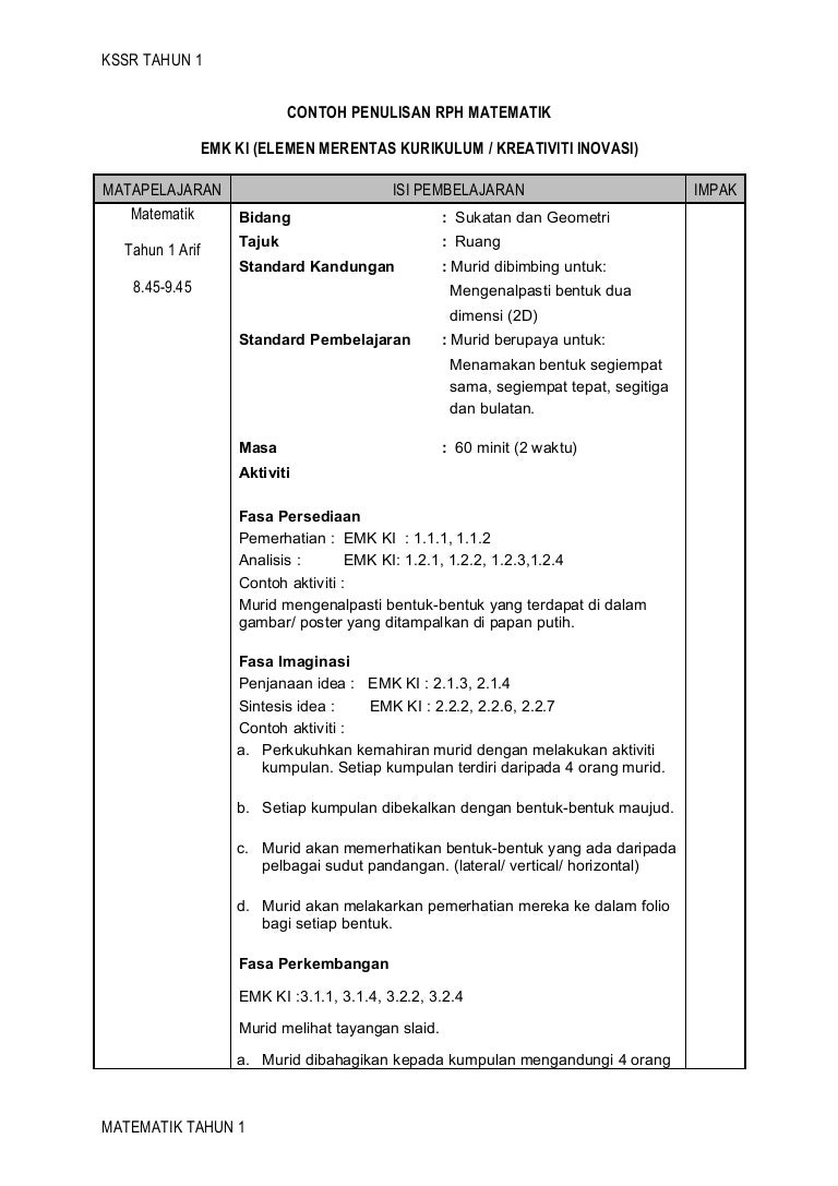 Contoh Rph Matematik Tahun2 Masa Dan Waktu