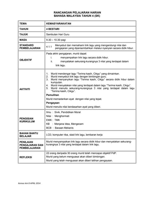 FORMAT PENULISAN RANCANGAN PENGAJARAN HARIAN (RPH) PRASEKOLAH 2012 | PDF