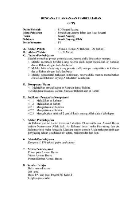 Contoh rpp pai sd kelas 4 kurikulum 2013 | DOCX