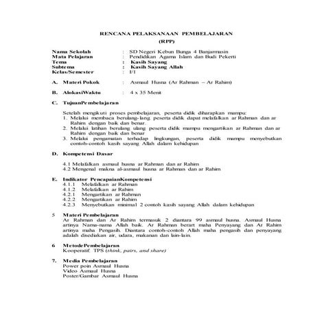 Contoh rpp pai sd kelas 1 kurikulum 2013 | DOCX