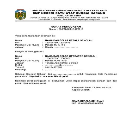 Contoh sk tugas penugasan operator sekolah di sdm 2015 | DOC
