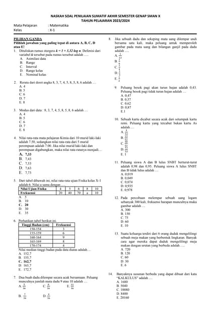 Soal ulangan matematika kls xii peluang | DOCX