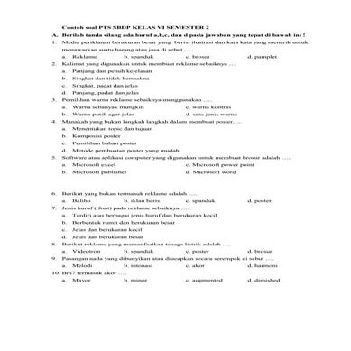 CONTOH SOAL PTS SDBD KELAS VI SEMESTER 2 | PDF