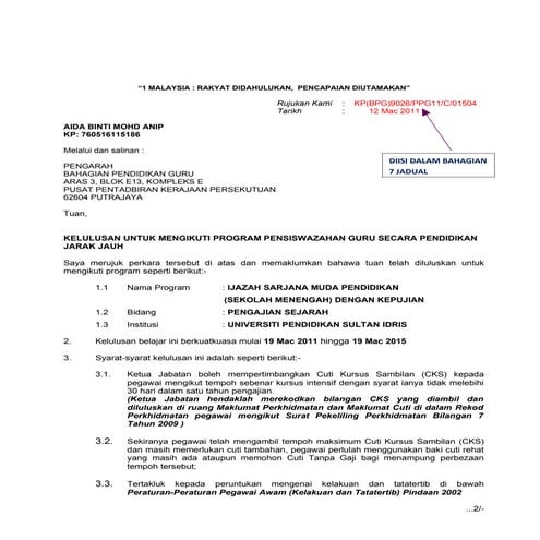 Contoh surat kelulusan PPG | DOC