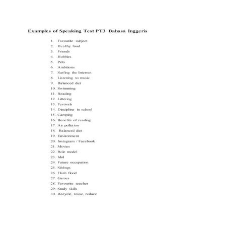 Contoh tajuk speaking test pt3 bahasa inggeris | DOCX