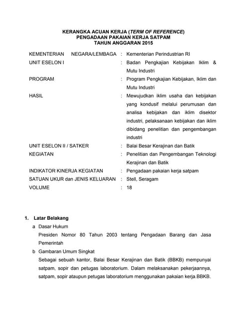 Contoh Kerangka Acuan Kerja (KAK) pengadaan barang jasa pemerintah | PDF