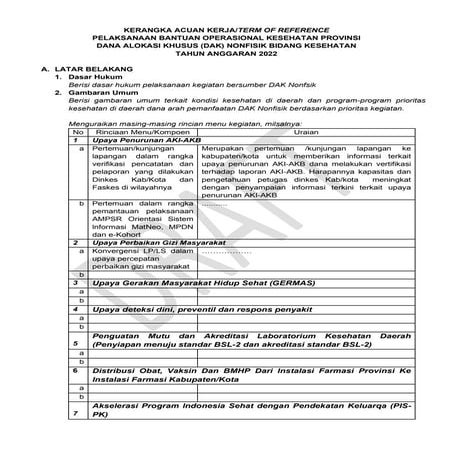 Contoh TOR (Term of Reference) Pelaksanaan Kegiatan Bantuan BOK | PDF