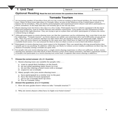 Unit 1 - Test 1 (reading and writing) | DOC | Road Trips | Travel Type