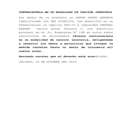 Contracautela en su modalidad de caución juratoria | DOCX