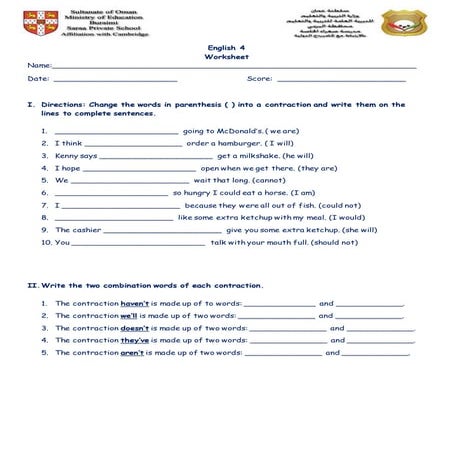 Worksheet: Grammar: Contractions | DOCX
