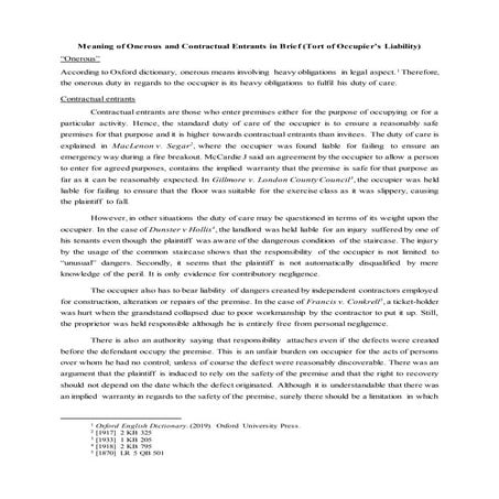 Meaning of Onerous and Contractual Entrants (Tort - Occupier's ...