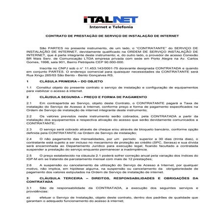 Contrato De Prestacao De Servico De Instalacao De Internet Pdf