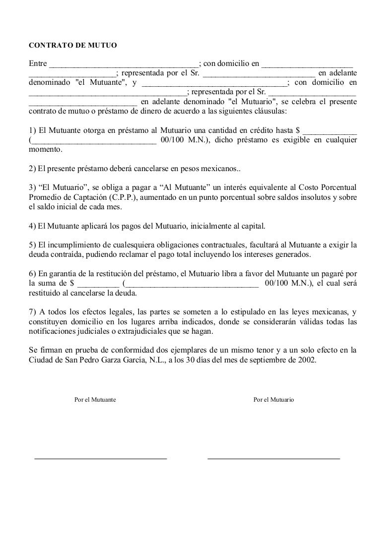 Modelo De Contrato De Mutuo