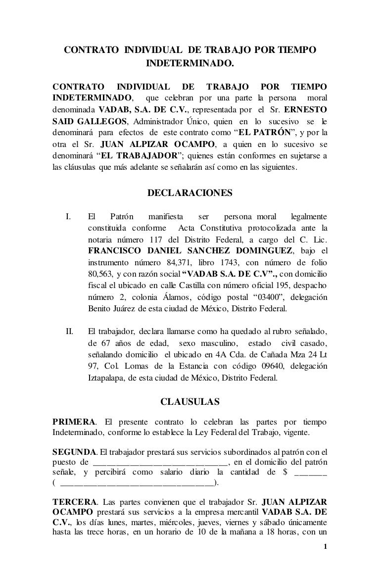Contrato Individual De Trabajo Para Llenar